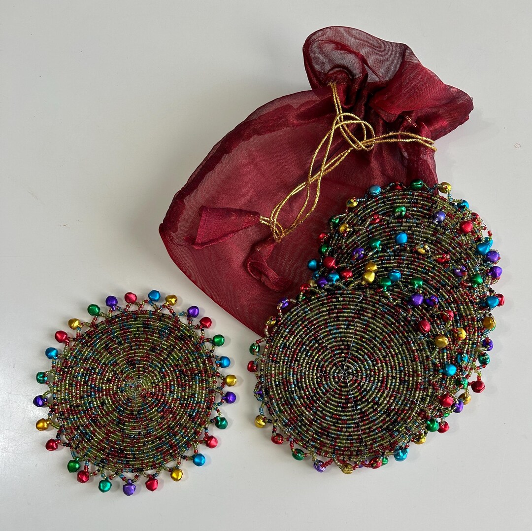 Pier 1 Import Bohemian Coasters Beaded W/ Multicolor Round Bells Set 6 ...
