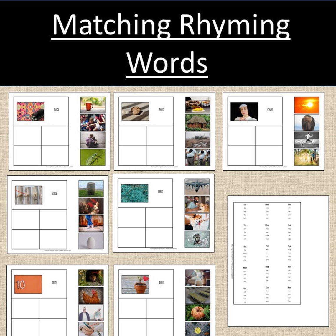 Matching Rhyming Words Pictures Language Activity Montessori Homeschool ...