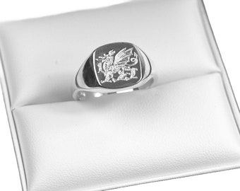 Sterling Silver Welsh Dragon Oval Signet Ring With Scrolls, Y Ddraig ...
