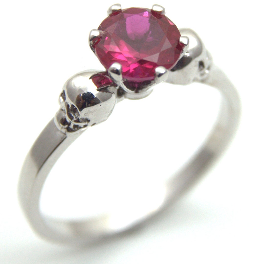 Skull Ring Silver 1ct Round Brilliant Cut Ruby Hand Crafted Engagement ...