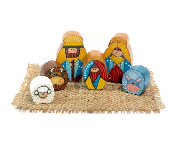 Small Nativity Set Yellow, Blue and Red Colors MDF Wood With Details ...