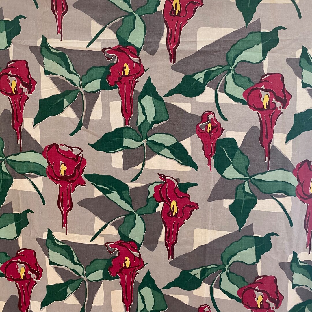 Vintage Art Deco Floral Fabric - Maroon Lillies & Geometric Gray Print ...