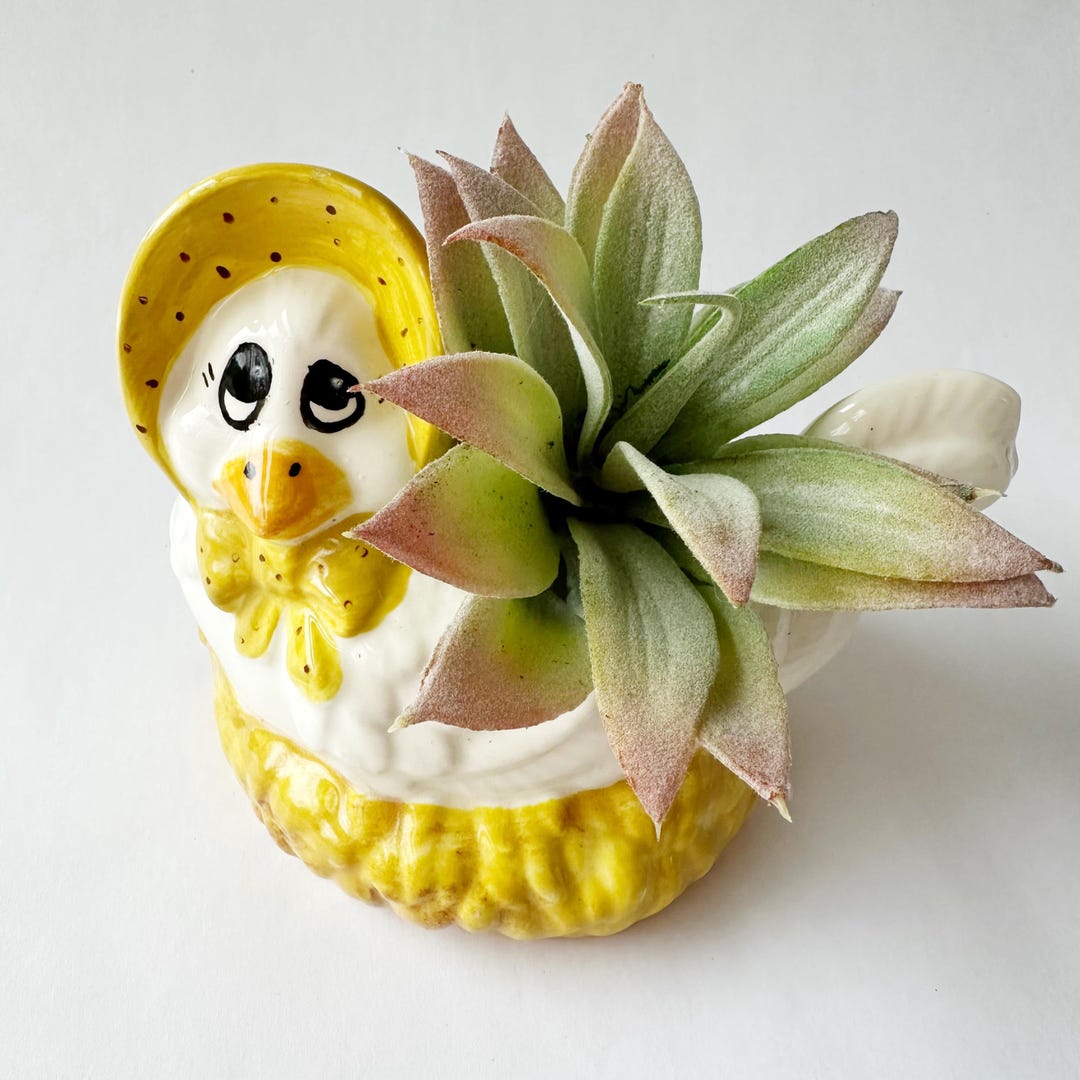 Vintage Ceramic Chicken Planter - 80’s Hen in a Yellow Bonnet - Etsy