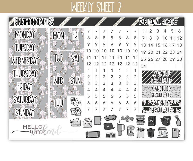 Weekly Sticker Kit - B&W for All Seasons - ECLP Sticker Kit, Happy ...