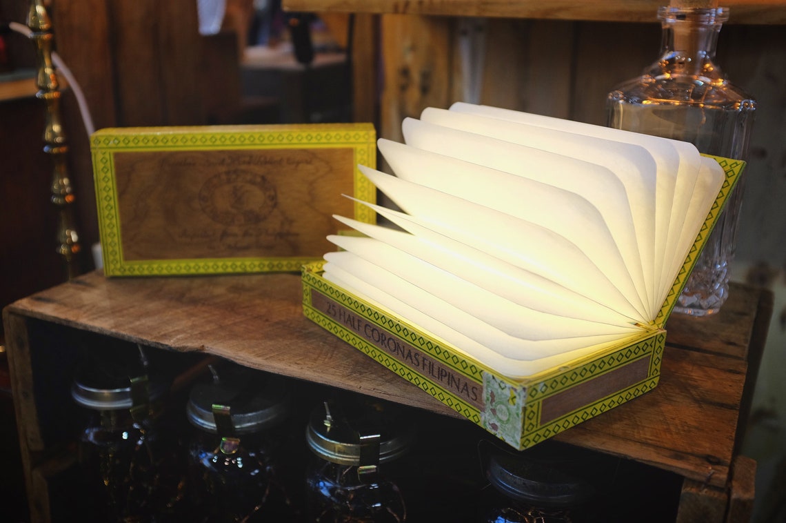 Rustic Timber Cigar Box Lamp, Portable Rechargeable Night Light, Magic ...