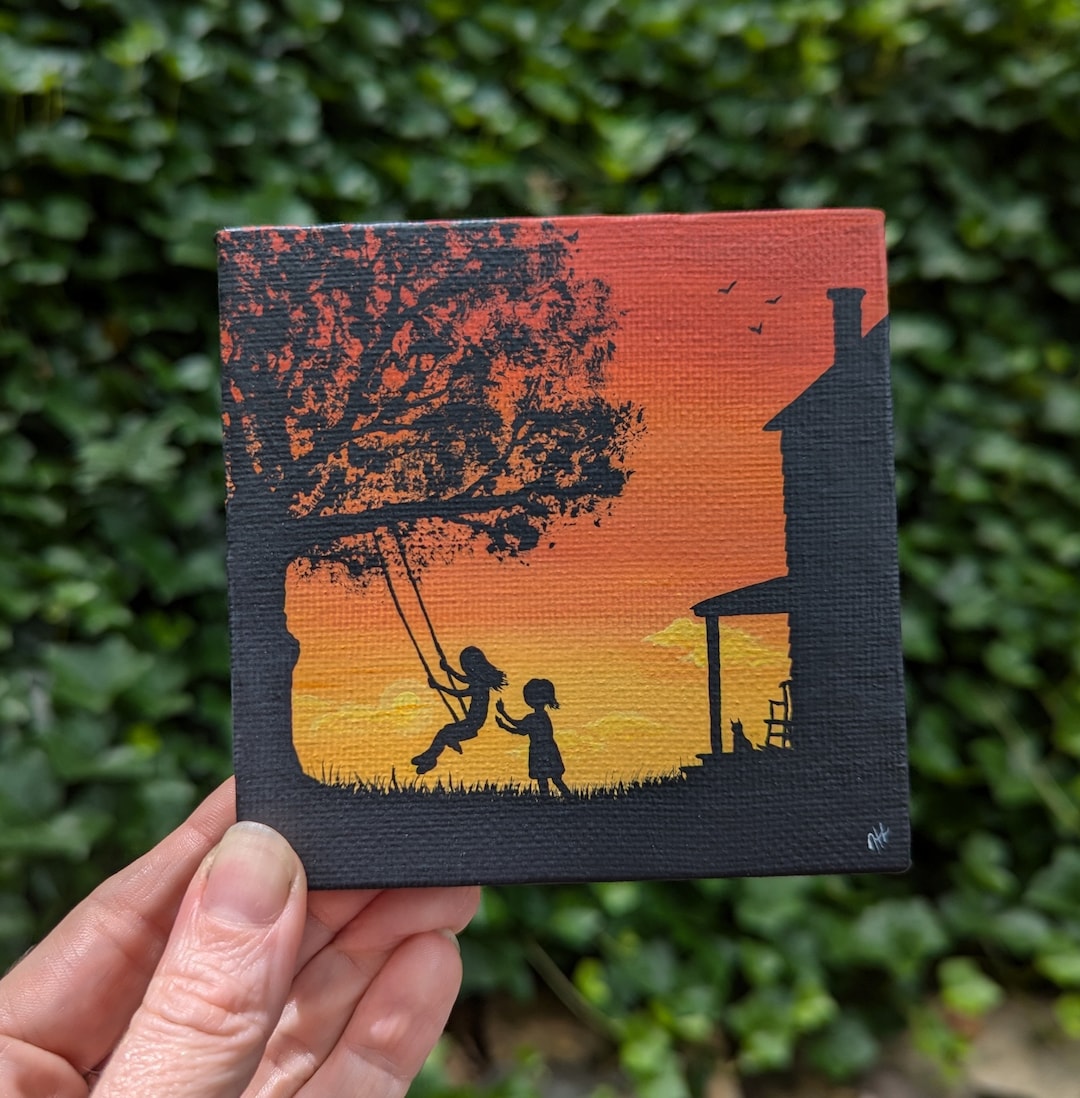 Summer Silhouette Mini Canvas Painting Sisters Playing Sunset Art by ...