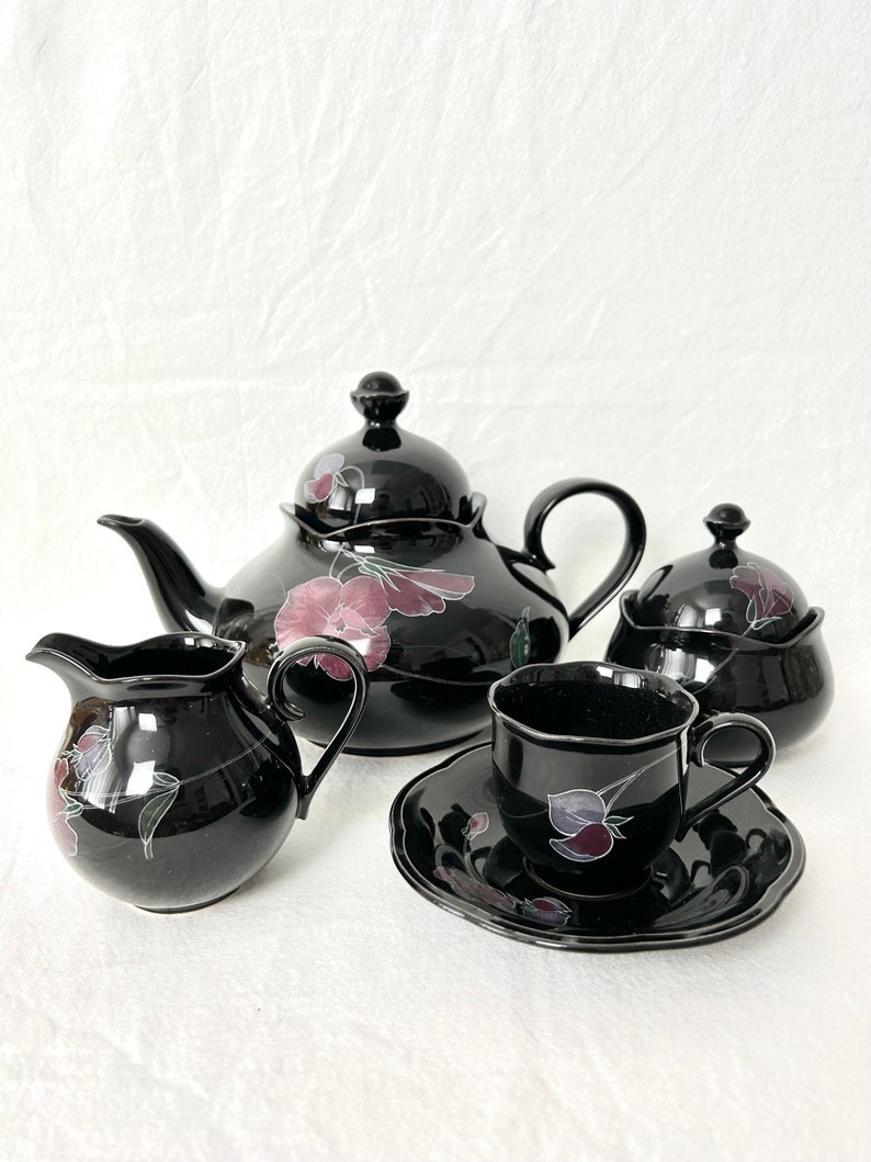 Mikasa Tango Print Tea Pot Flat Cup & Saucer Creamer Sugar Bowl Ebony ...