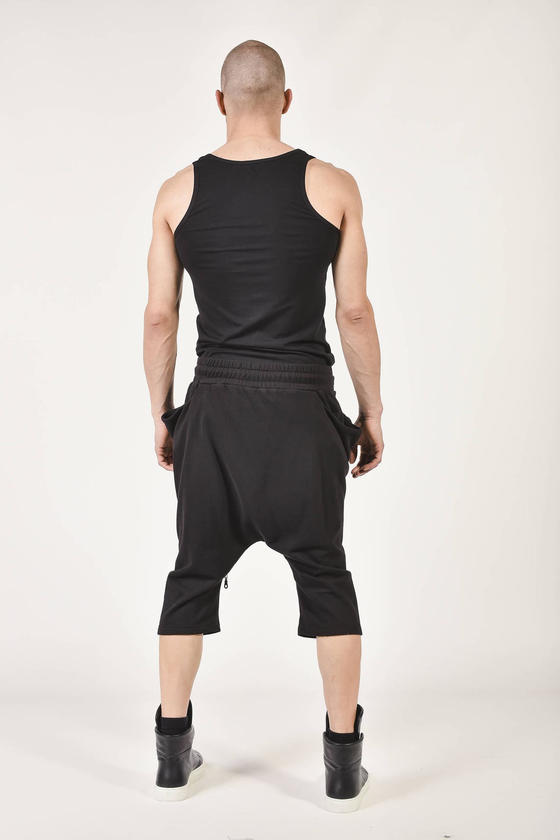 New Black Loose Casual Drop Crotch Mid Calf Pants / Zipper Pants With ...