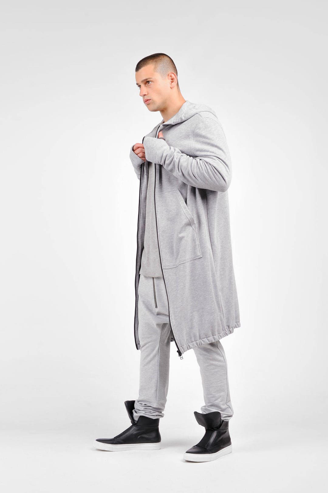 New Extra Long Cotton Hoodie With Thumb Holes and Side Pockets by ...