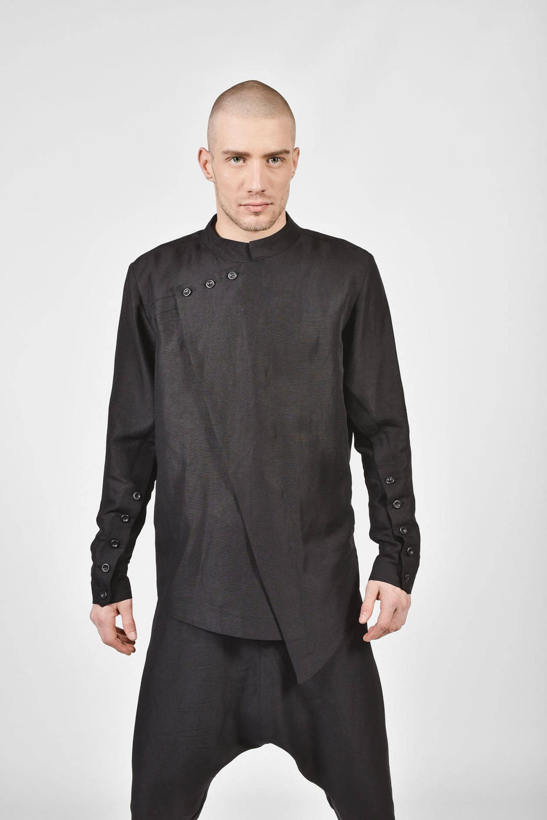 New Black Loose High Colar Linen Shirt by Aakashamen A11705M - Etsy