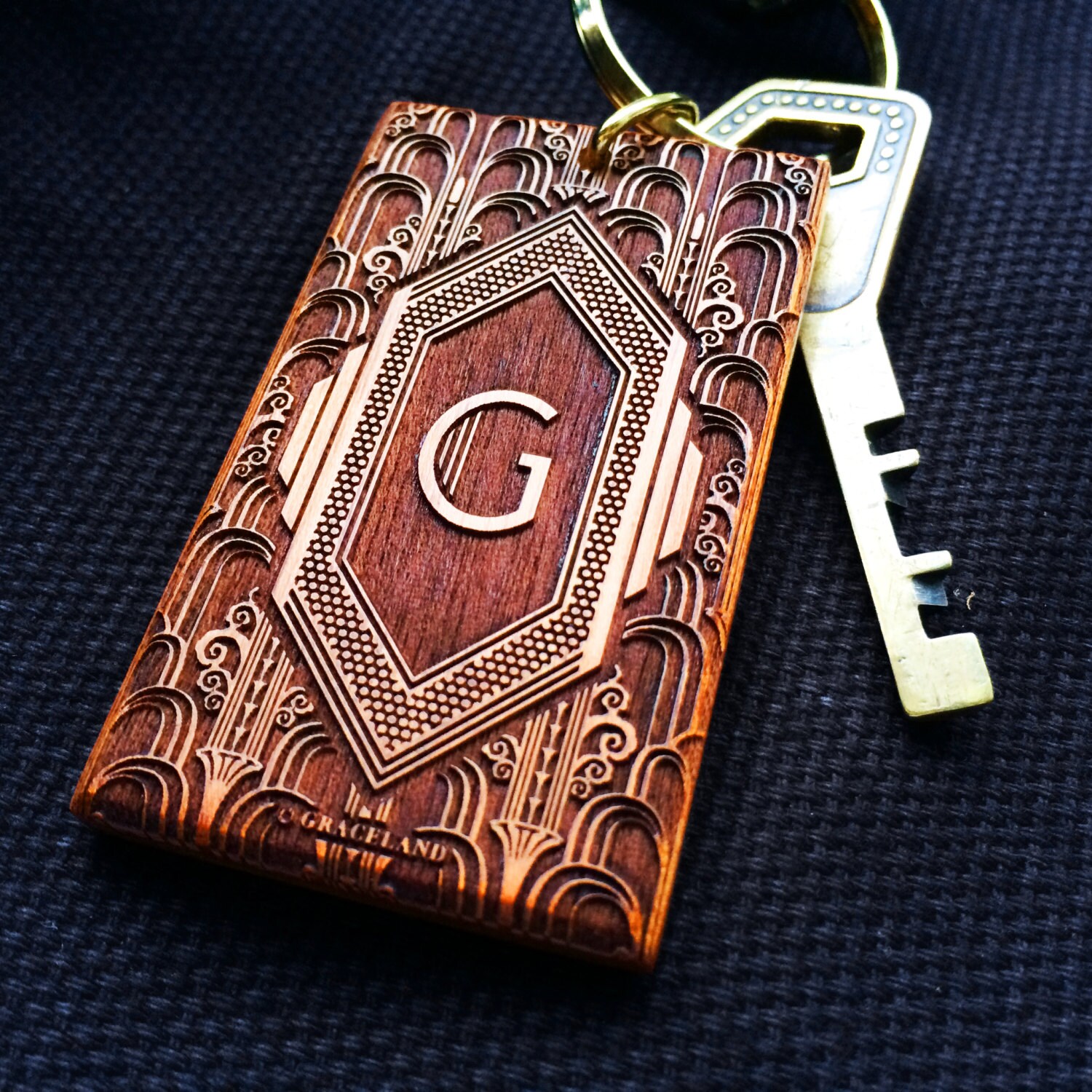 Monogram Art Deco Keyring Unique Engraved Wooden Key Chain Etsy
