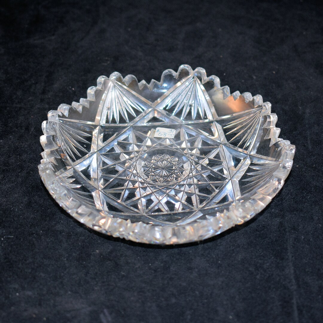 Antique Cut Glass Bowl American Brilliant Period Hobstar Brunswick Star ...