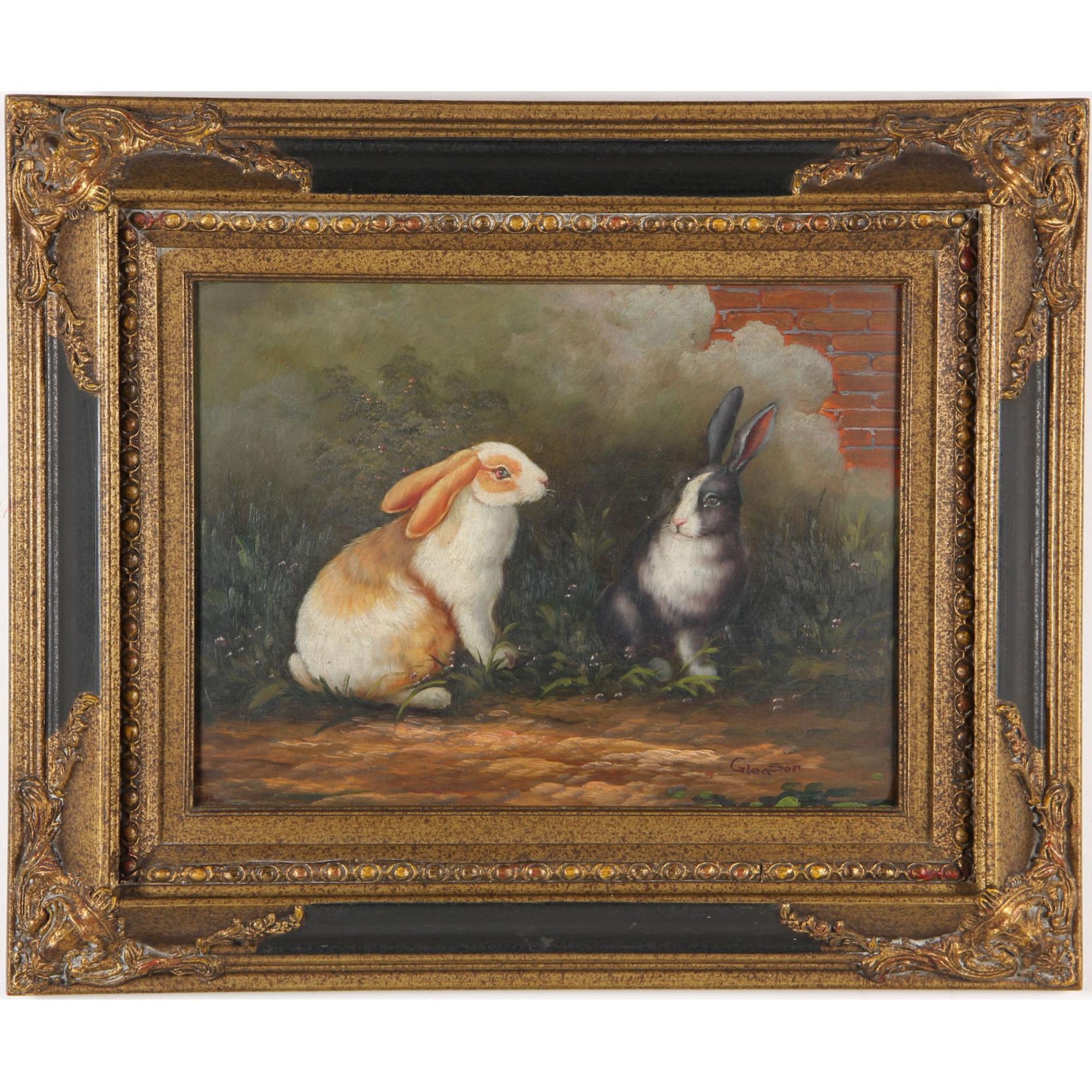 Vintage Oil on Canvas of Two Rabbits by Gleason Wood Frame Gift