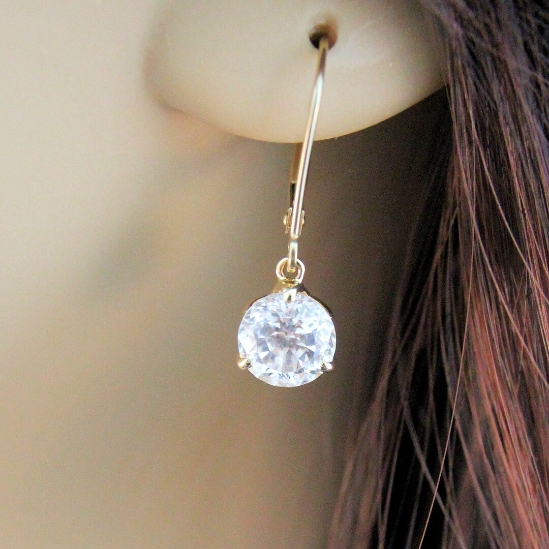 Estate 14K Solid Yellow Gold Brilliant Cubic Zirconia Drop Earrings 2. ...