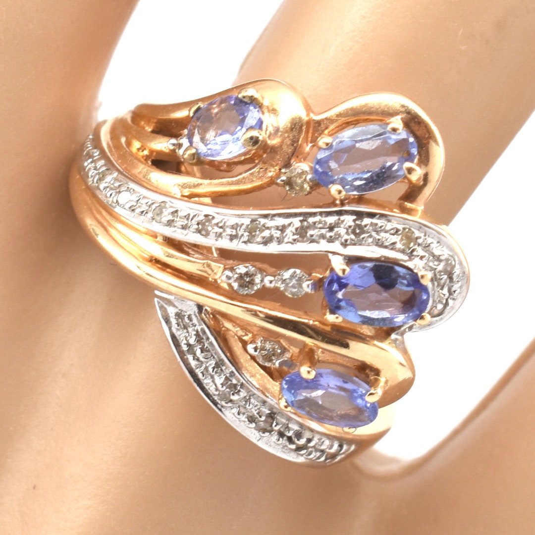 14K Solid Yellow Gold Natural Tanzanite Diamonds Ring Crown Nearly 1 ...