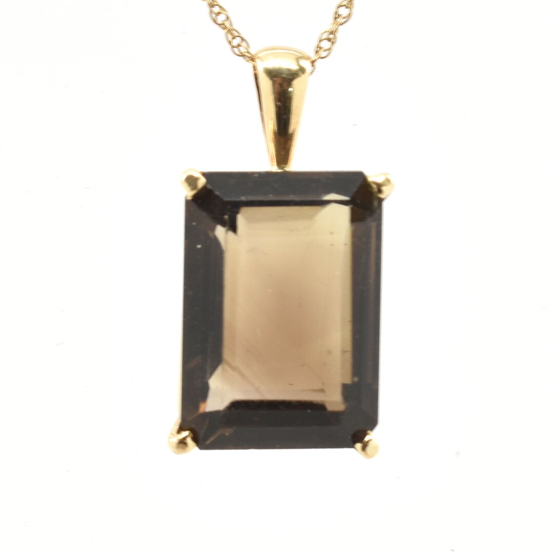 Estate Gemstone Pendant Vintage 14K Solid Yellow Gold Emerald Cut Smoky ...