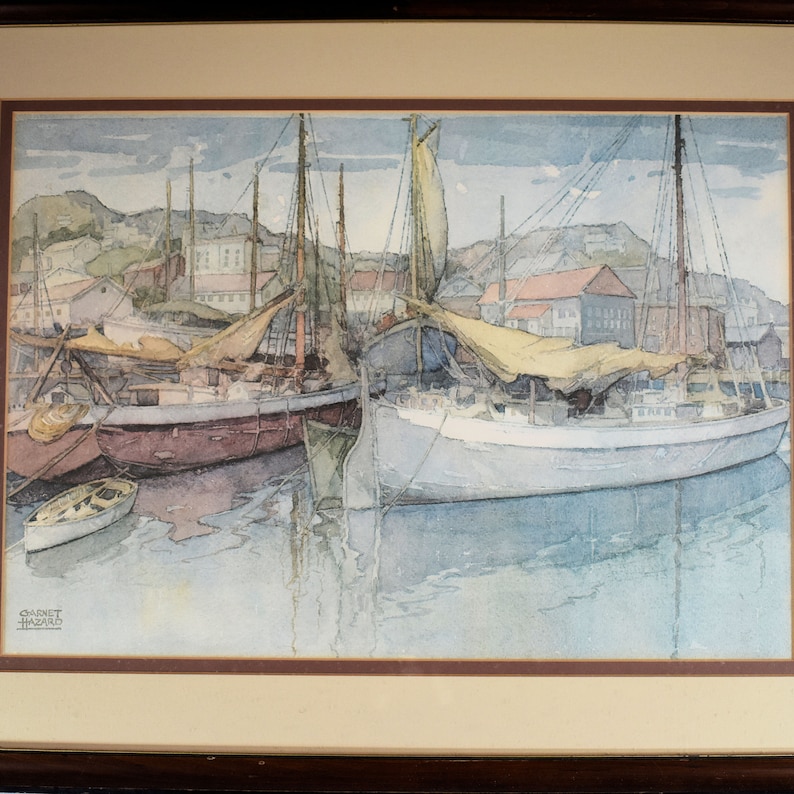 Vintage Watercolor Print Harbor Scene With Boats by Artist Garnet ...