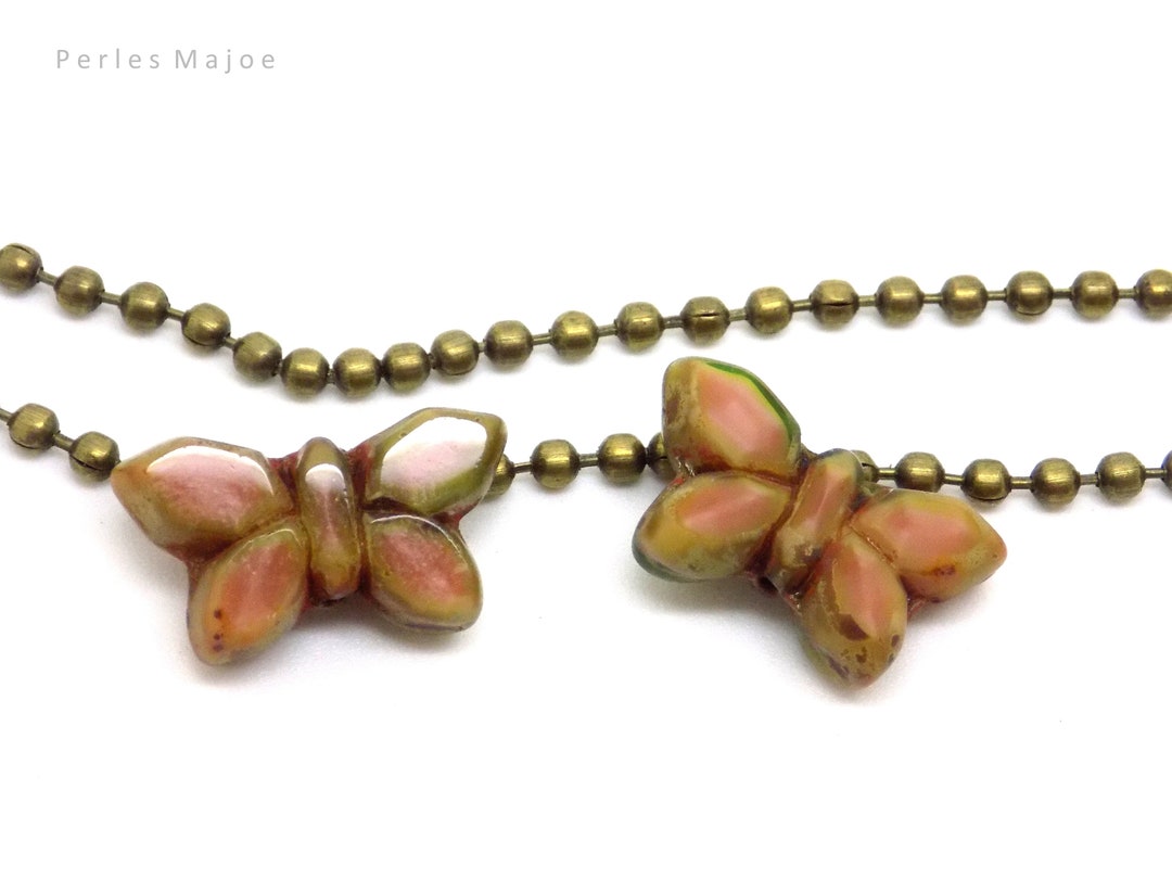 Perle Tchèque Papillon, En Verre Pressé, Tons Rose Pale, Vert, Bronze ...