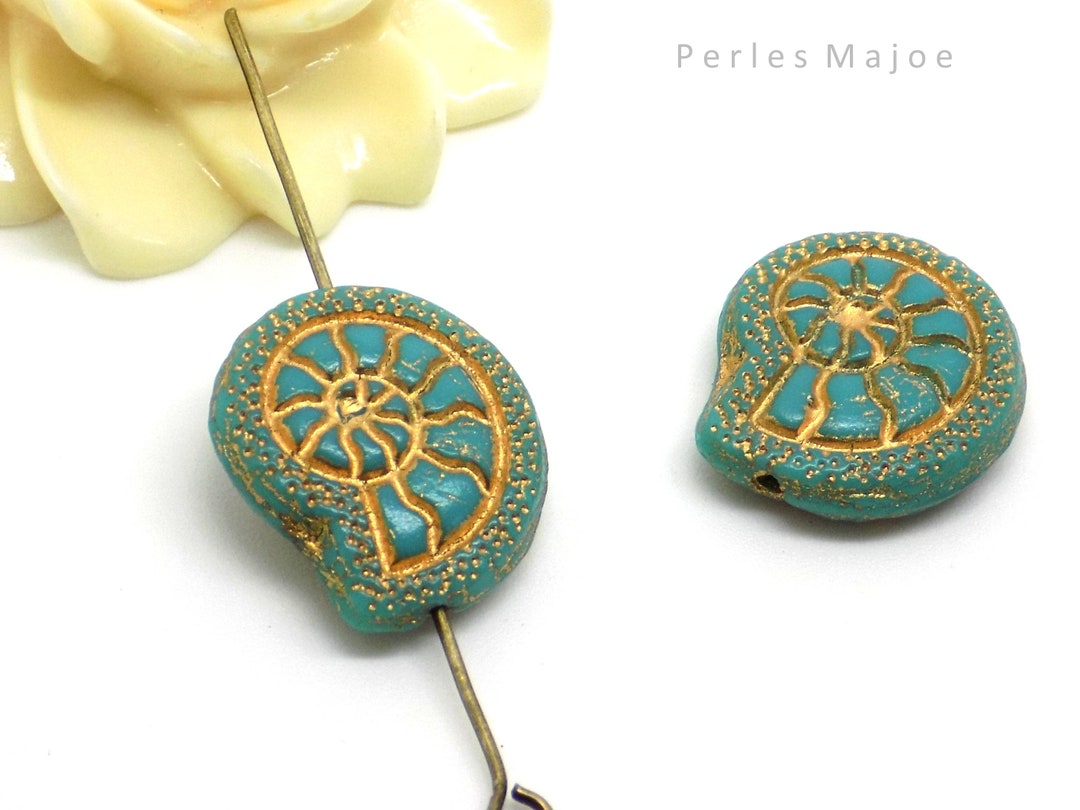 Perle Tchèque Escargot, En Verre Pressé, Opaque, Vert Turquoise, Patine ...