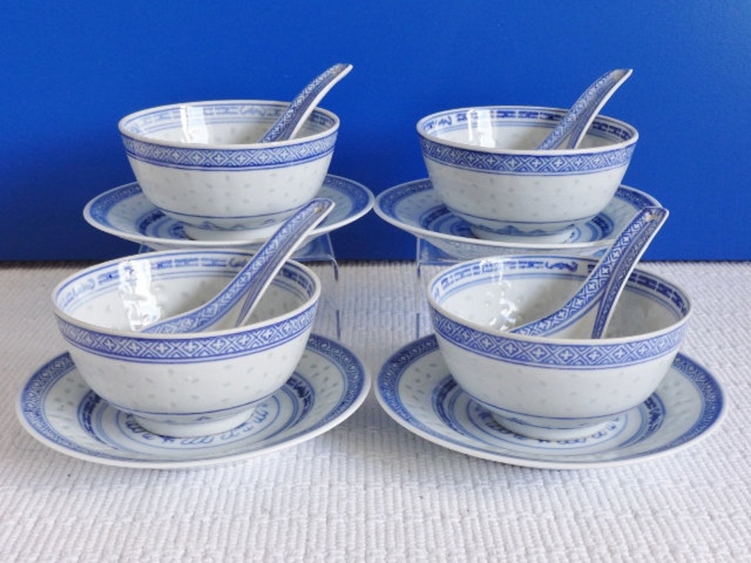 Chinese Porcelain Dragon Rice Grain Pattern Set of 4 Bowl, 4 Plates & 4 ...