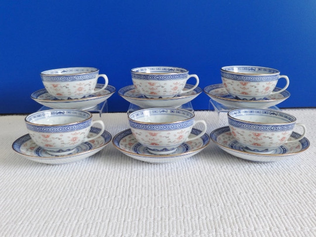 Chinese Porcelain Dragon Rice Grain Pattern Set of 6 Cups and 6 Saucers ...