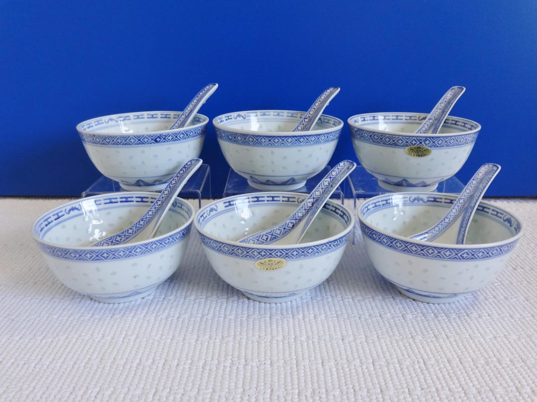 Chinese Porcelain Dragon Rice Grain Pattern Set of 6 Bowl and 6 Spoons ...