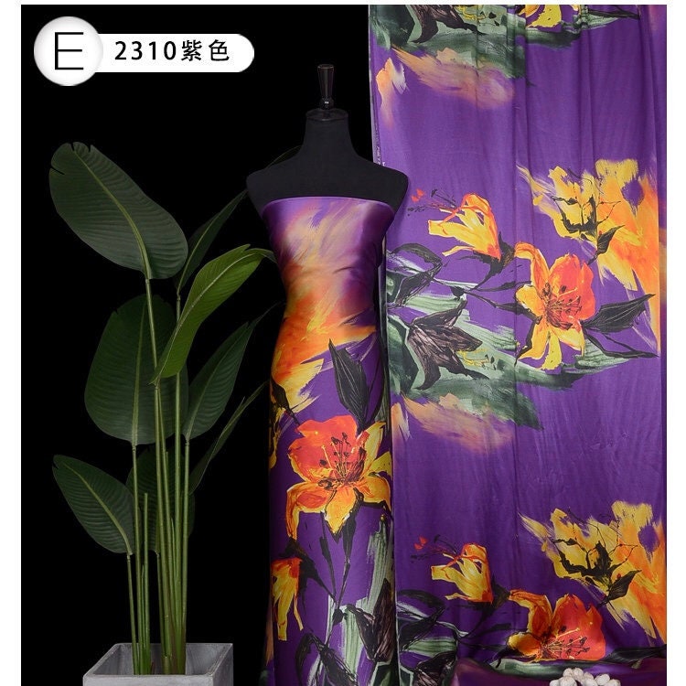 Luxury Large Big floral Print 100% pure silk satin fabric | Etsy