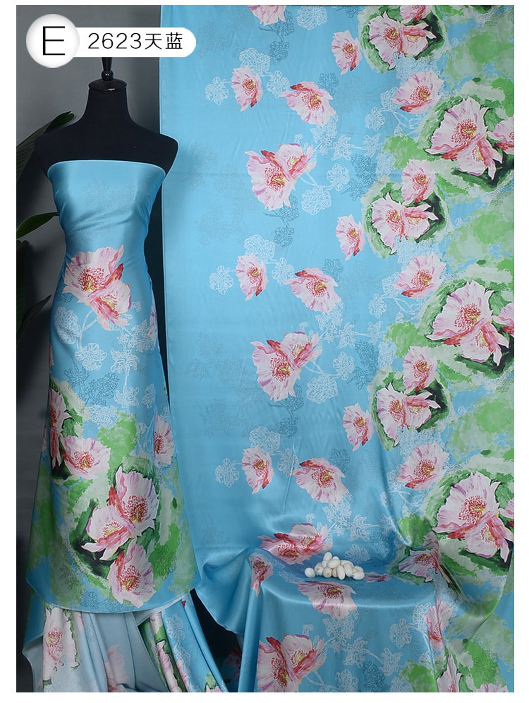 Luxury Printed Silk Satin Fabric,beautiful Floral Design Blue Silk ...