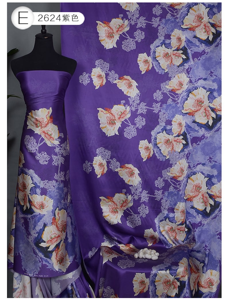 Luxury Printed Silk Satin Fabric,beautiful Floral Design Blue Silk ...