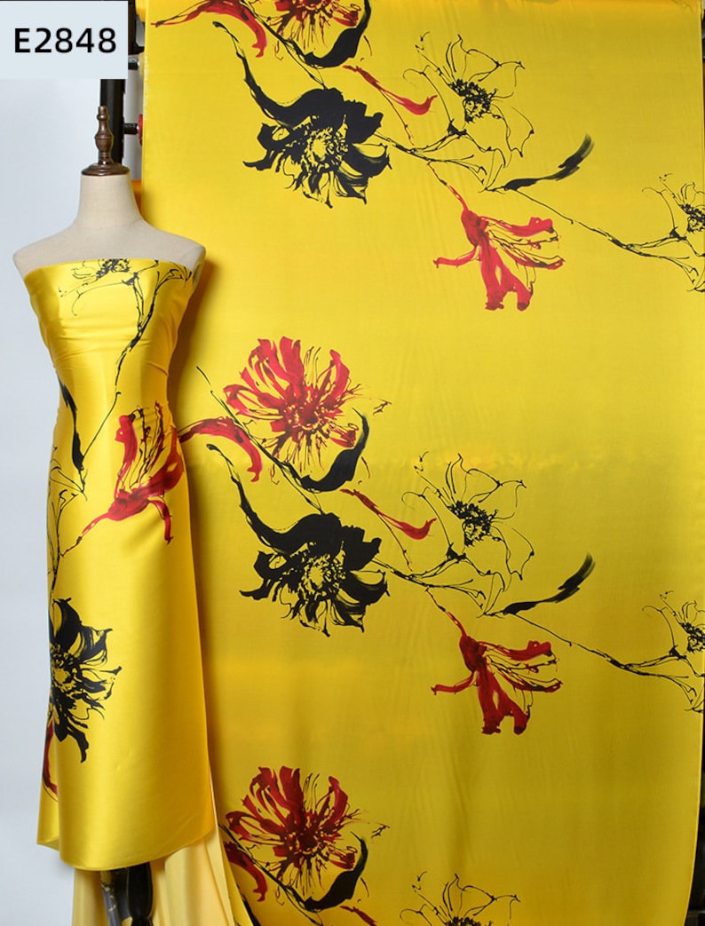 New Print Silk Satin Fabric,beautiful Abstract Hand Painted Flowers,for ...