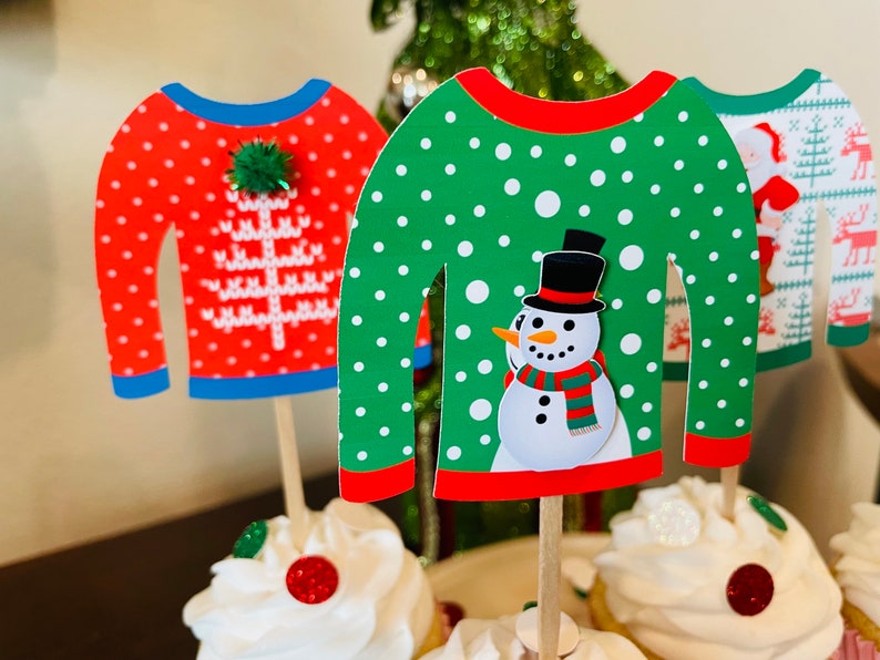12 Ugly Sweater Cupcake Toppers, Holiday Party, Christmas Cake Toppers ...