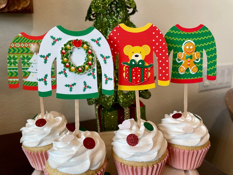 12 Ugly Sweater Cupcake Toppers, Holiday Party, Christmas Cake Toppers ...