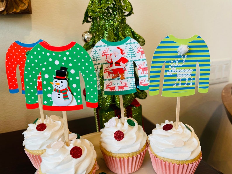 12 Ugly Sweater Cupcake Toppers, Holiday Party, Christmas Cake Toppers ...