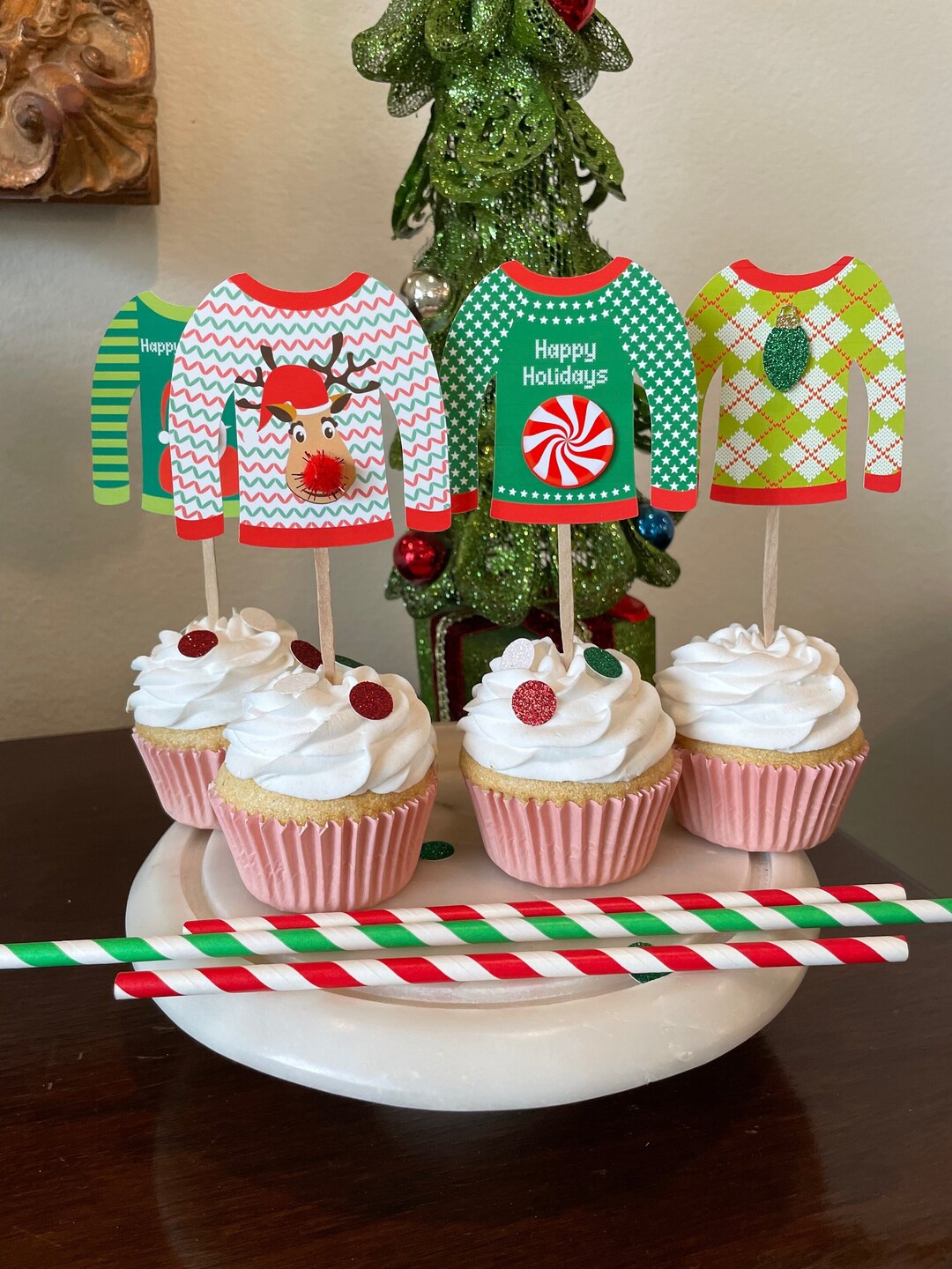 12 Ugly Sweater Cupcake Toppers, Holiday Party, Christmas Cake Toppers ...