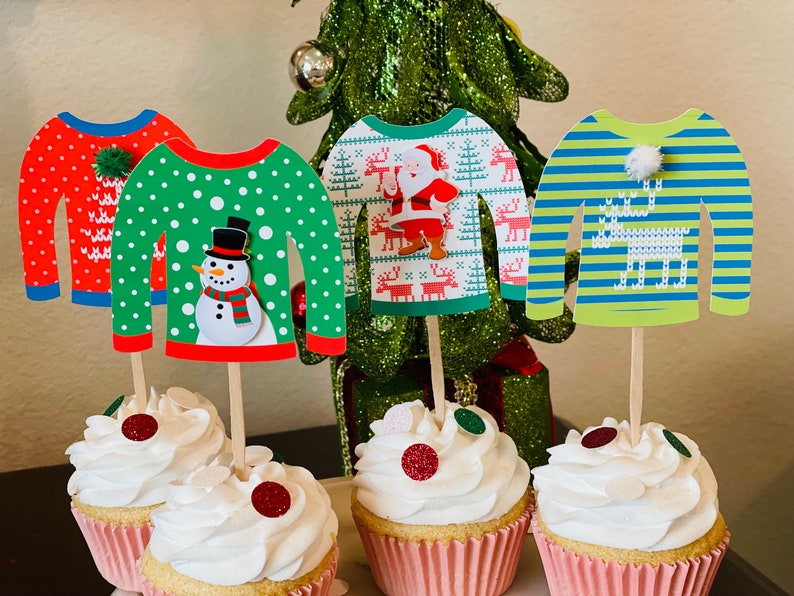 12 Ugly Sweater Cupcake Toppers, Holiday Party, Christmas Cake Toppers ...