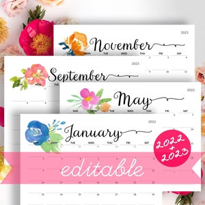 Floral Calendar PRINTABLE Calendar to Type in 2022 Wall | Etsy