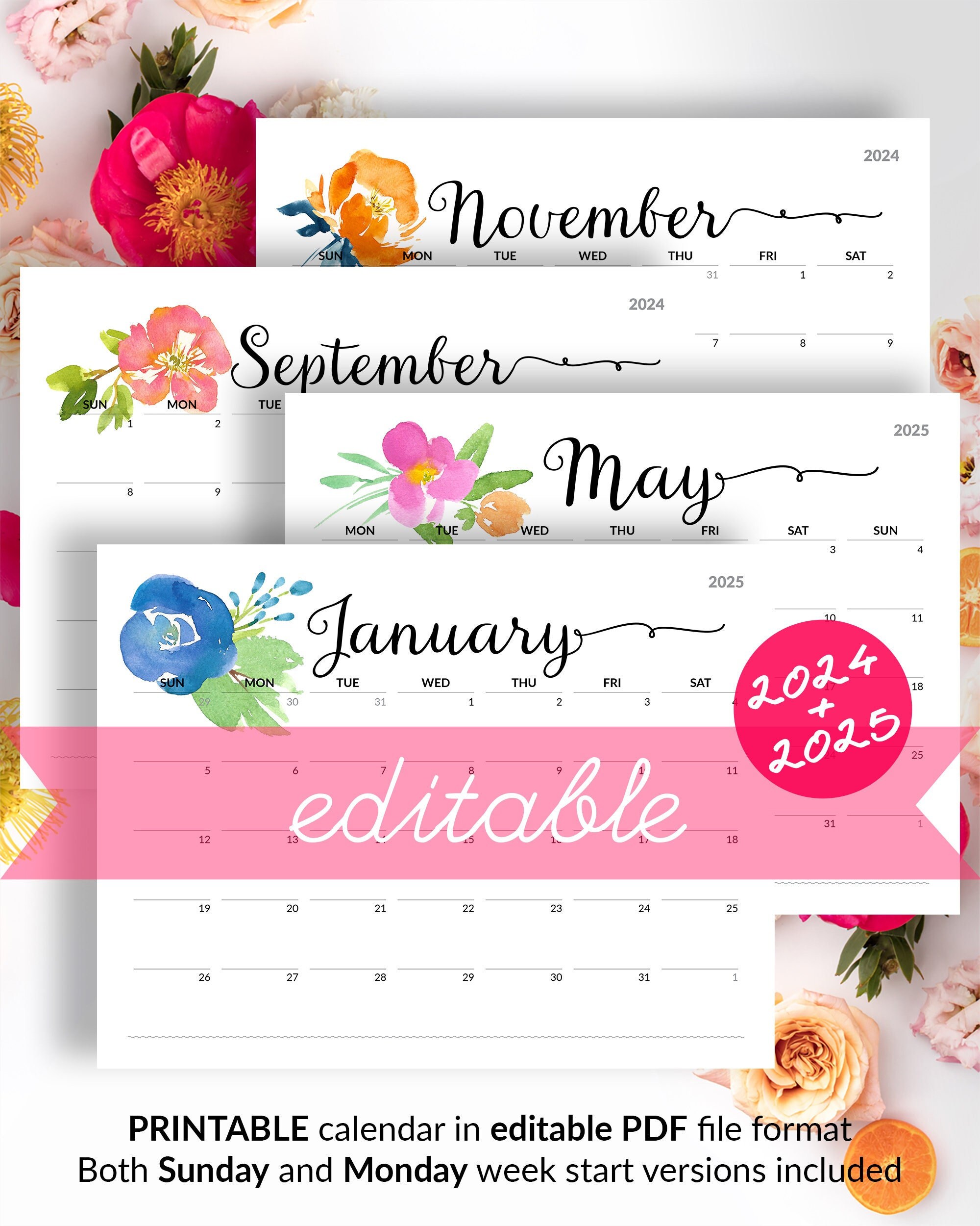 Floral Calendar PRINTABLE Calendar to Type in 2024 Wall Calendar ...