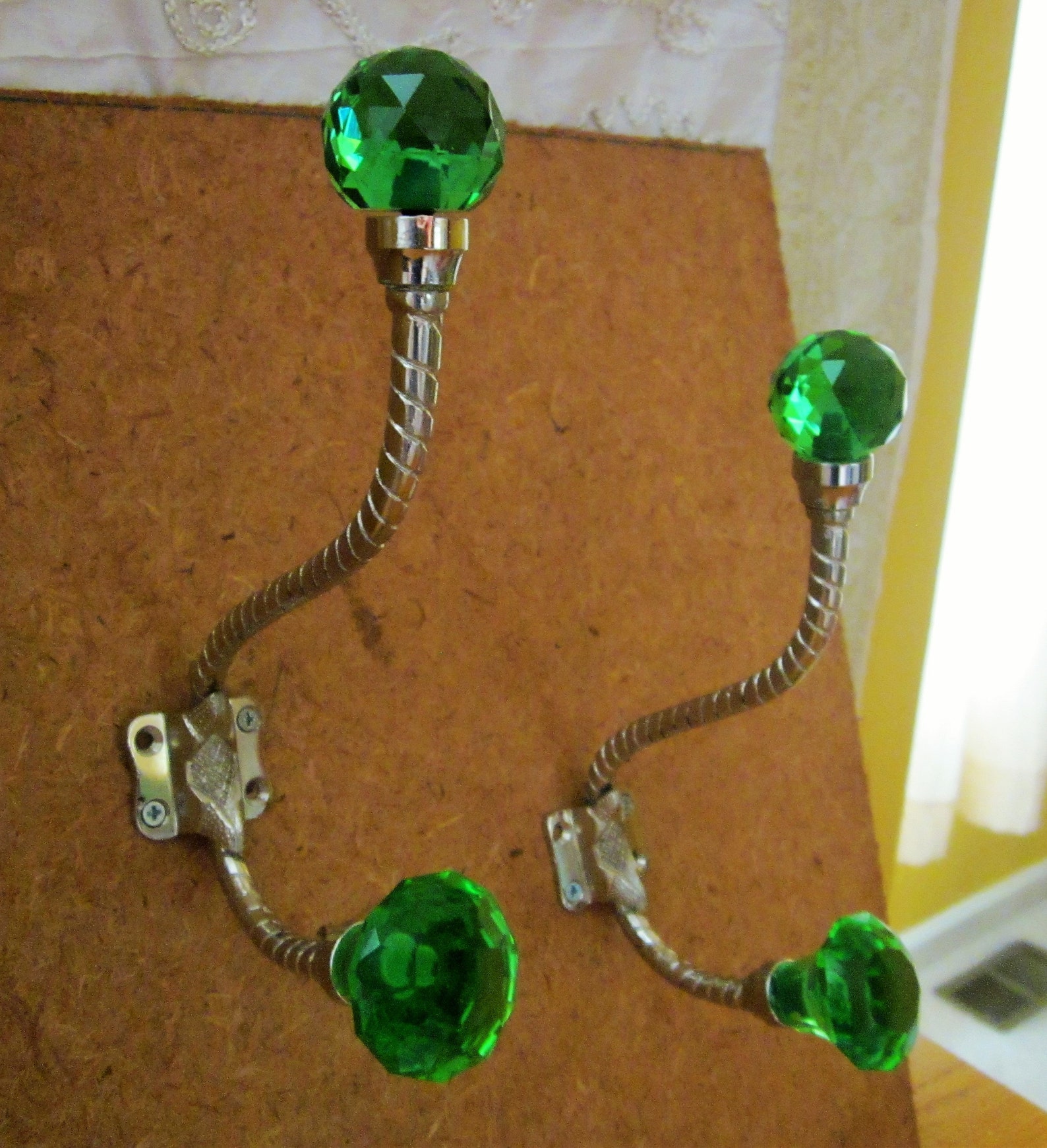 Set of 2 two Victorian Chrome Decorative Wall Hooks With Green Glass ...