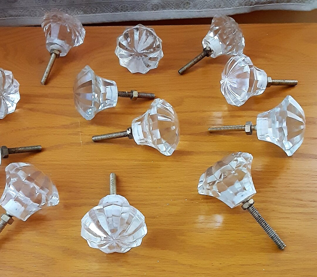 Set Of 10 knobs, Glass, flower Shape, clear 2" With Brass Screw and Nut ...