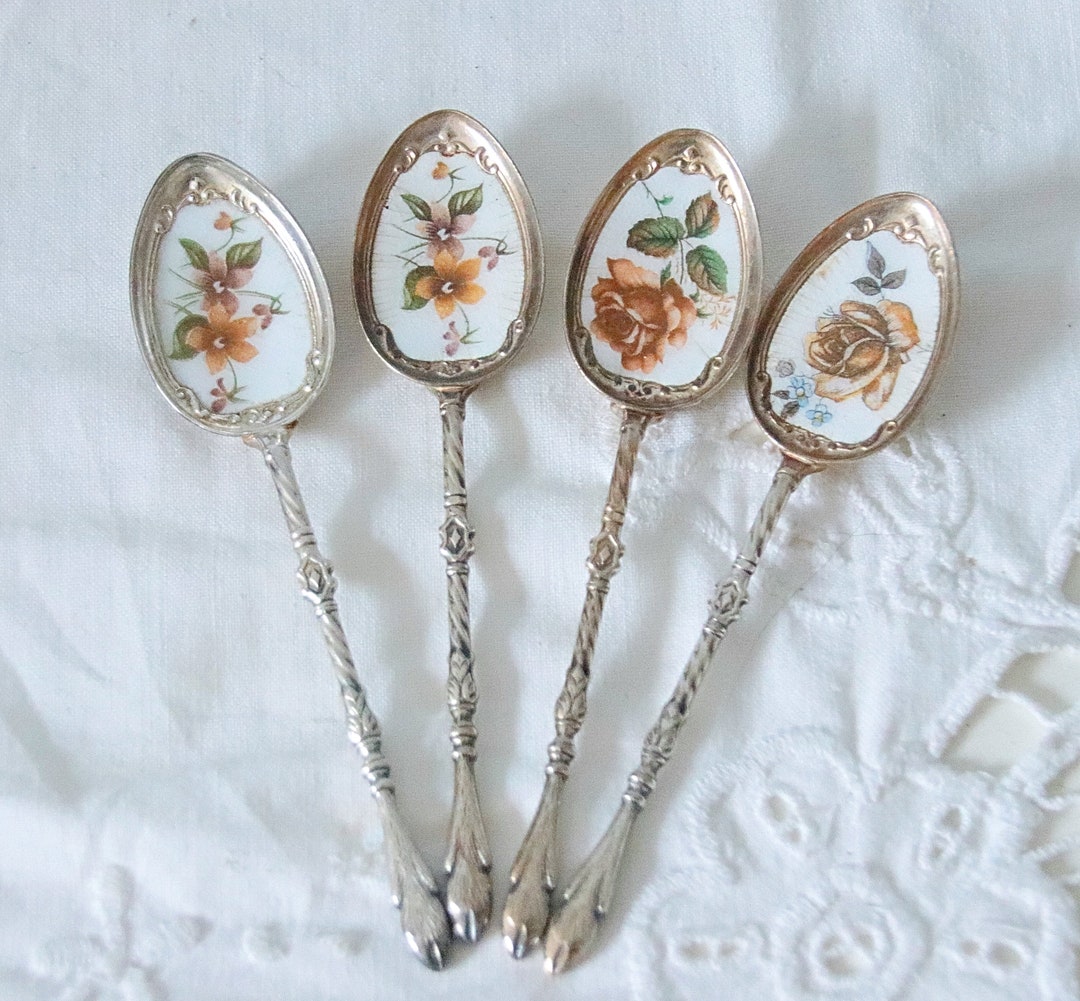 Set of Four Hard to Find Vintage Silver Plated and Porcelain Tea Spoons ...