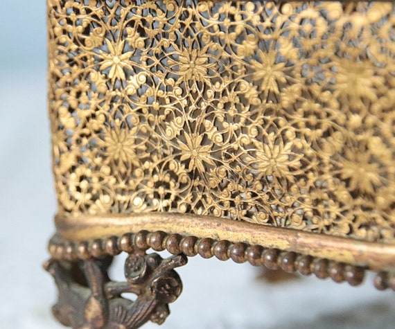 Rare Antique Ormolu Filigree Jewelry Casket with Silk… - Gem