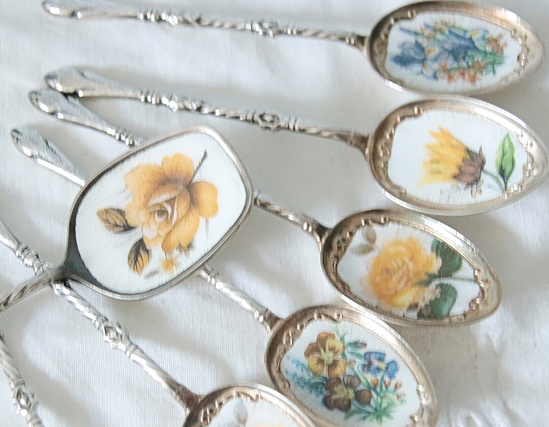 Set of Six Hard to Find Vintage Silver Plated and Porcelain Tea Spoons ...
