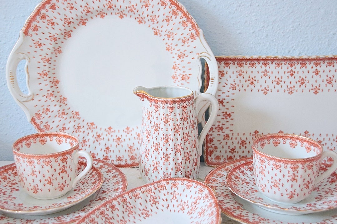 Rare Antique Tete-a-tete Tea Set by Schaller, Orange Fleur De Lis Decor ...