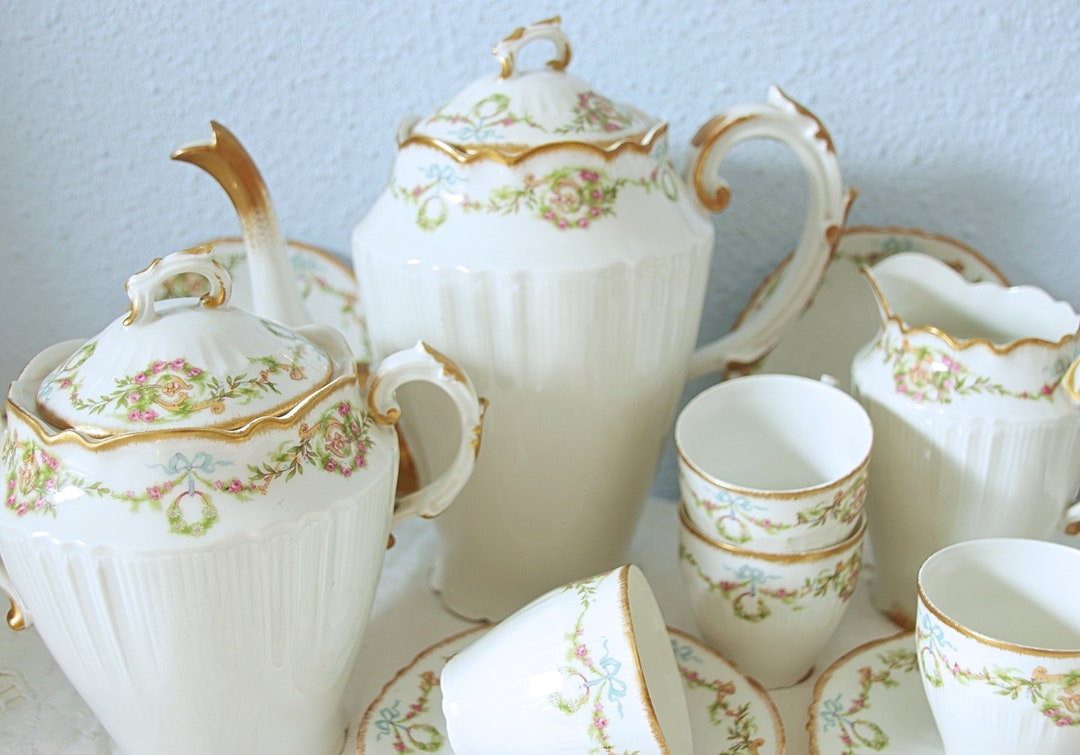 Beautiful Antique Limoges Coffee Set for Four, Leaf Garlands, Pink ...