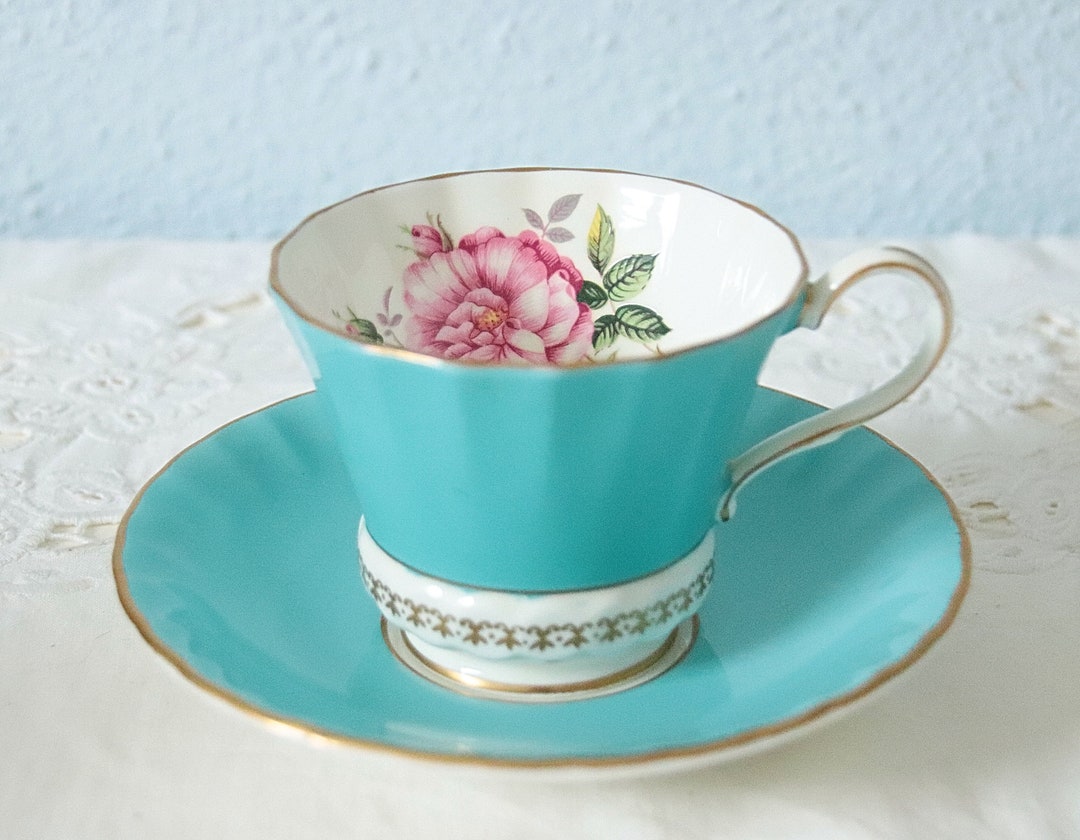 Lovely Vintage Aynsley Aqua Blue Cup and Saucer With Pink Rose Decor ...