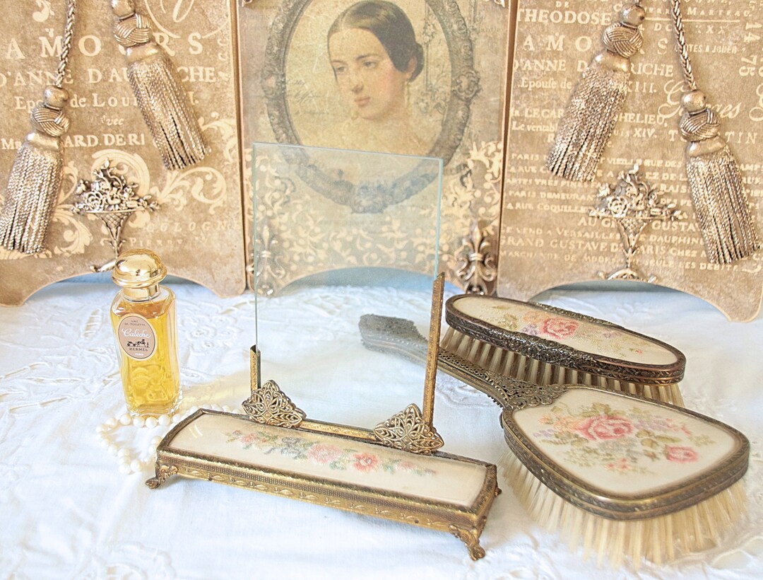 Hard to Find Antique Vanity Brush Set and Brass Photo Frame With Small ...
