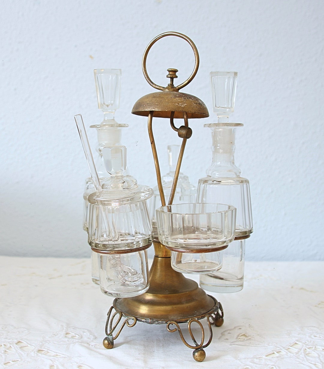 Rare Antique French Cruet Set With Table Bell, Brass Stand, Glass ...
