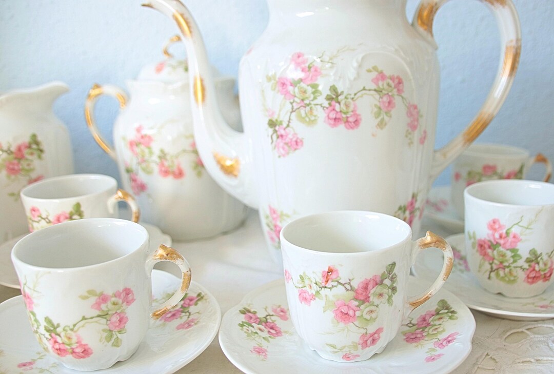 Elegant Antique Limoges Coffee Set for Six, Pink Rose Branches, Brushed ...