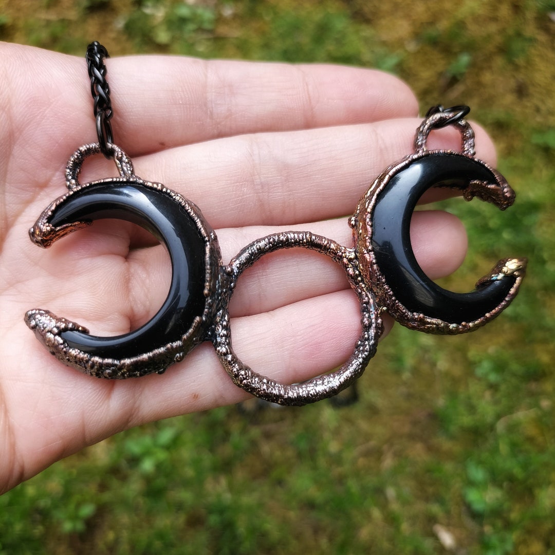Copper Triple Moon Neclace With Black Onyx, Moon Lovers Talisman, Witch ...