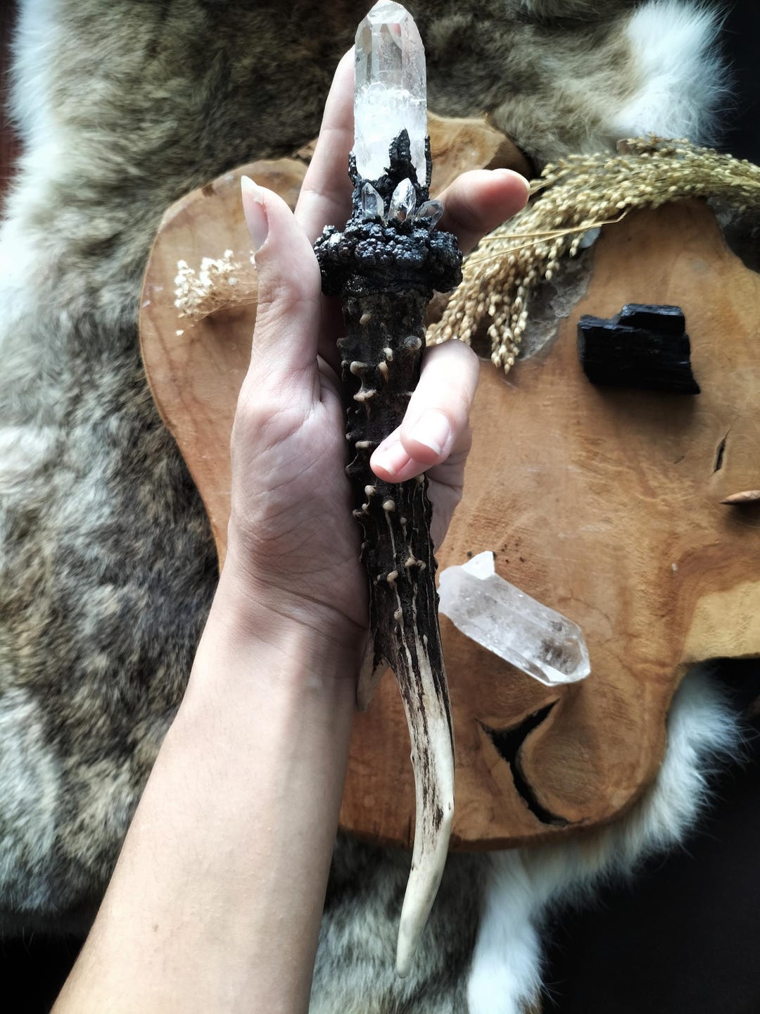 Antler Wand With Copper and Quartz, Healing Meditation Tool, Goddess ...